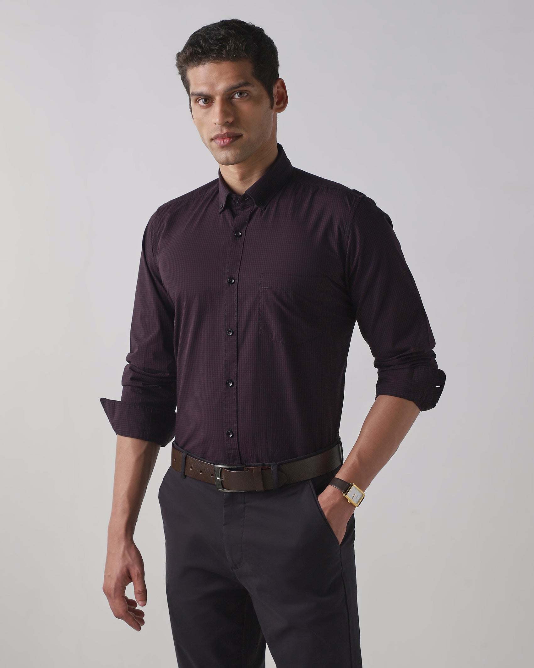 Wine 100% Cotton Regular Fit Shirt