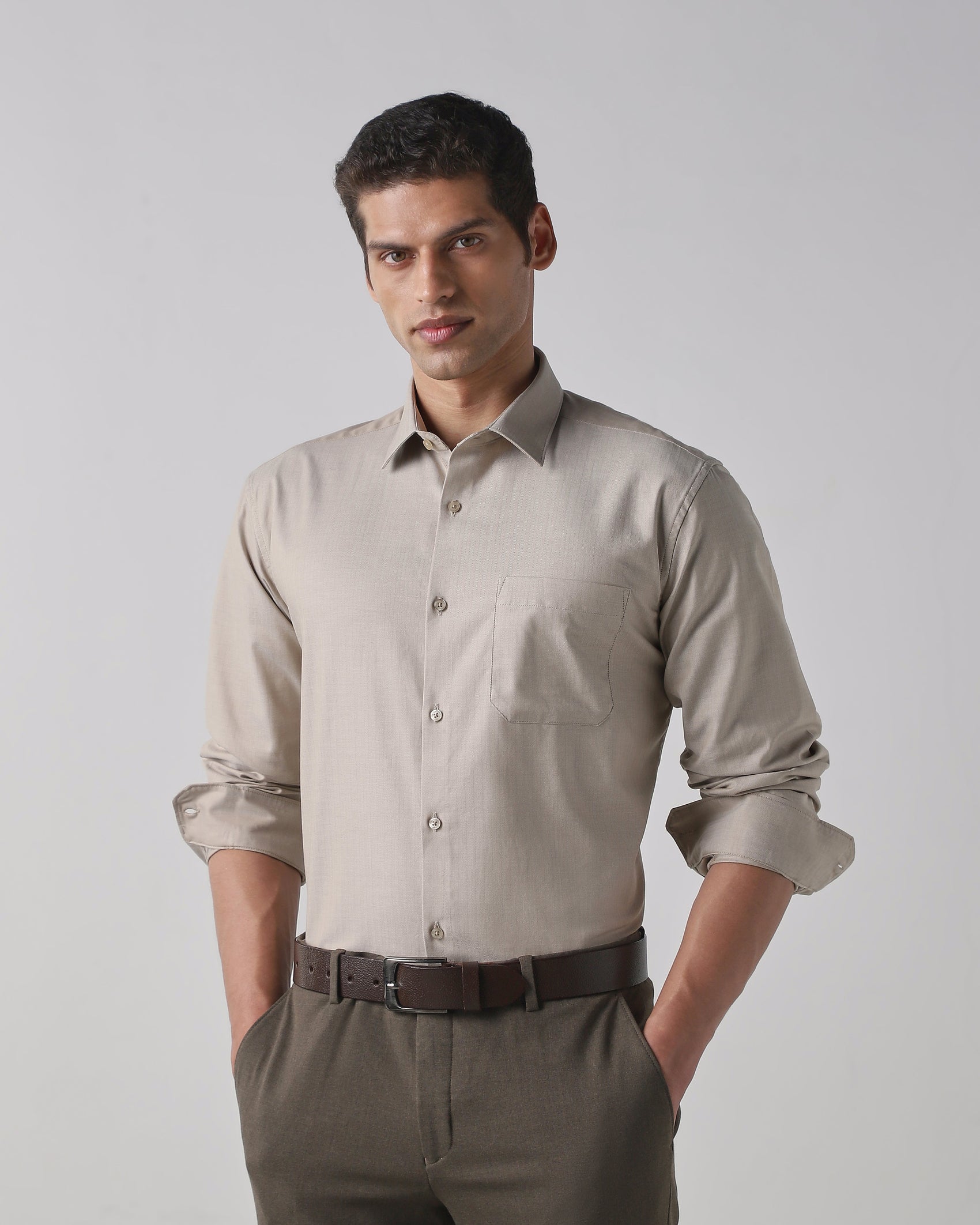 Beige Cotton Stretch Regular Fit Shirt