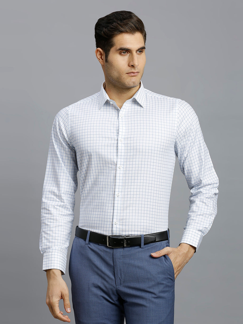 White & Light Blue Checks 100% Cotton Slim Fit Formal Full Sleeve Shir