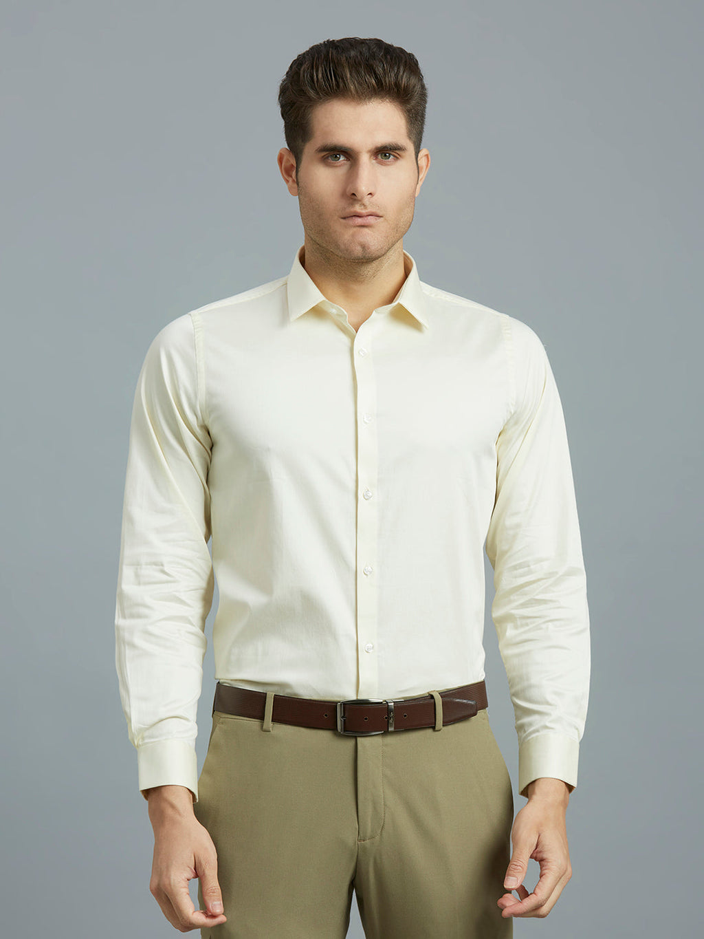 Cream Solid 60'S Satin Lycra Slim Fit Formal Full Sleeve Shirt