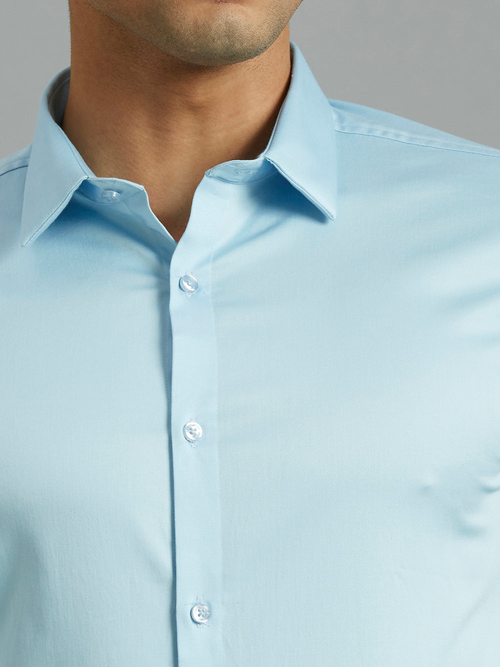 Light Blue Solid 60'S Satin Lycra Slim Fit Formal Full Sleeve Shirt