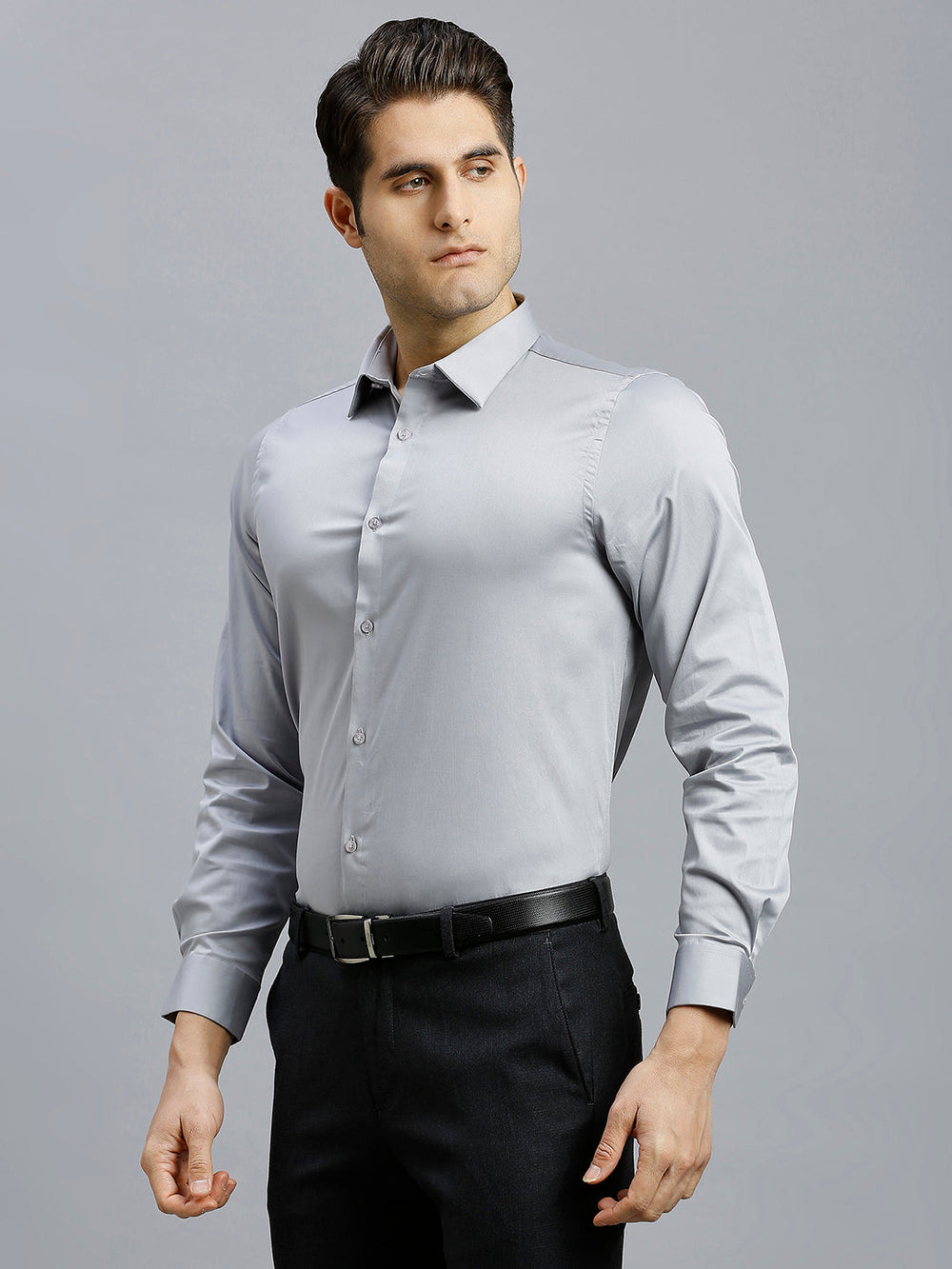Light Grey Solid 60'S Satin Lycra Slim Fit Formal Full Sleeve Shirt