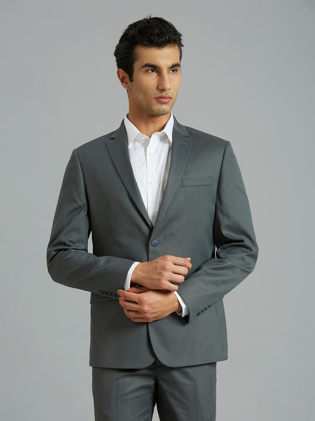 Grey Dobby Y/D Poly Viscose Elastane Tailor Fit Formal Full Sleeve Bla