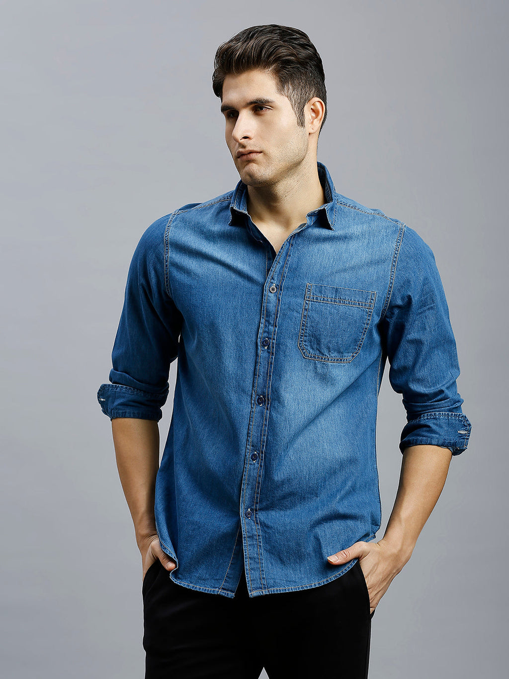 Dark Blue Denim 100% Cotton Slim Fit Casual Full Sleeve Shirt
