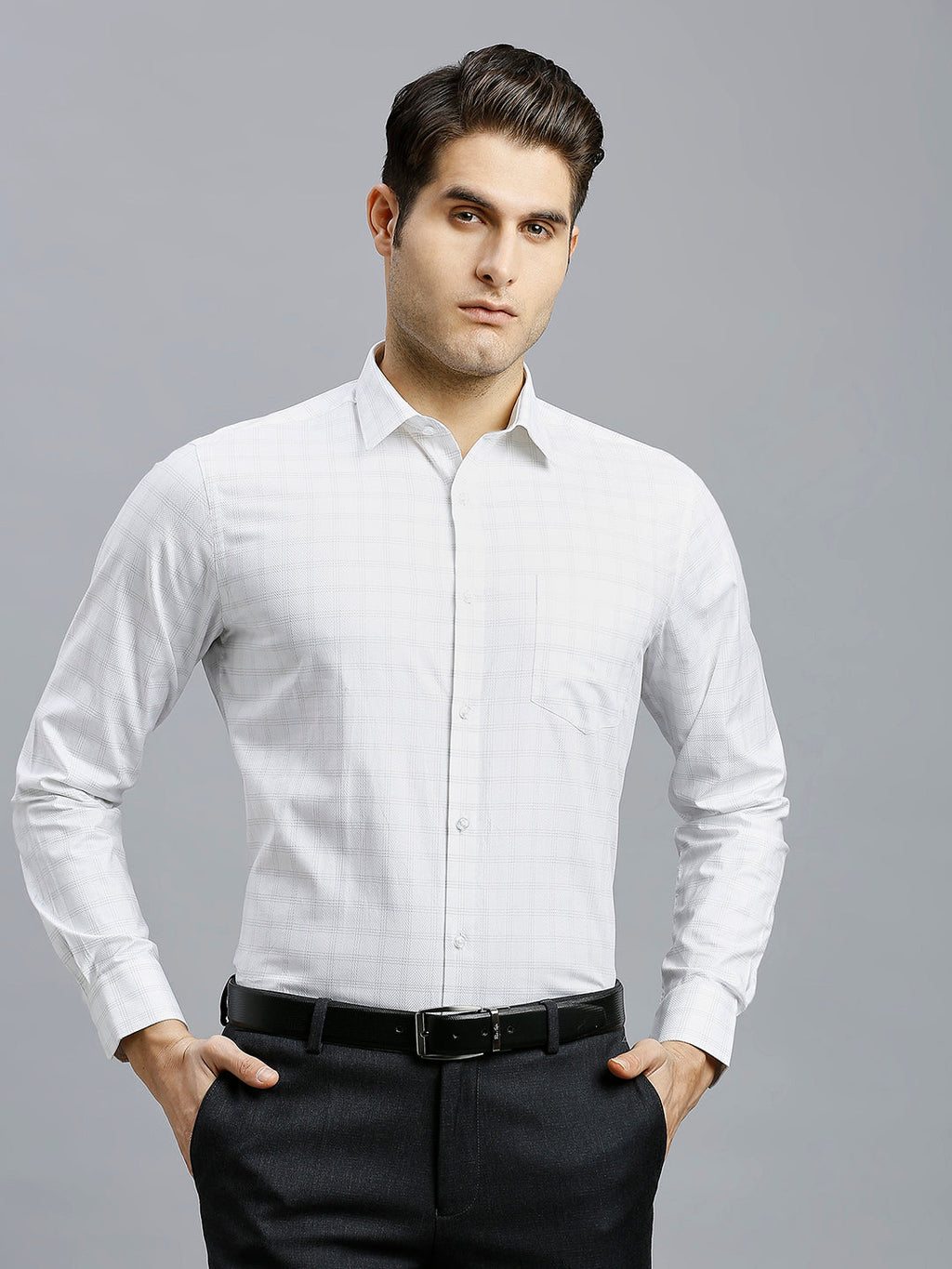 White & Grey Dobby Checks 100% Cotton Regular Fit Formal Full Sleeve S