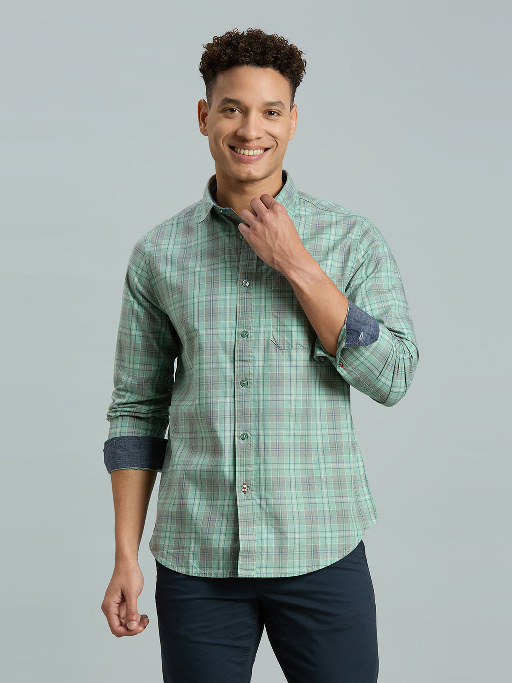 Grey & Sage Green Checks 100% Cotton Slim Fit Casual Full Sleeve Shirt