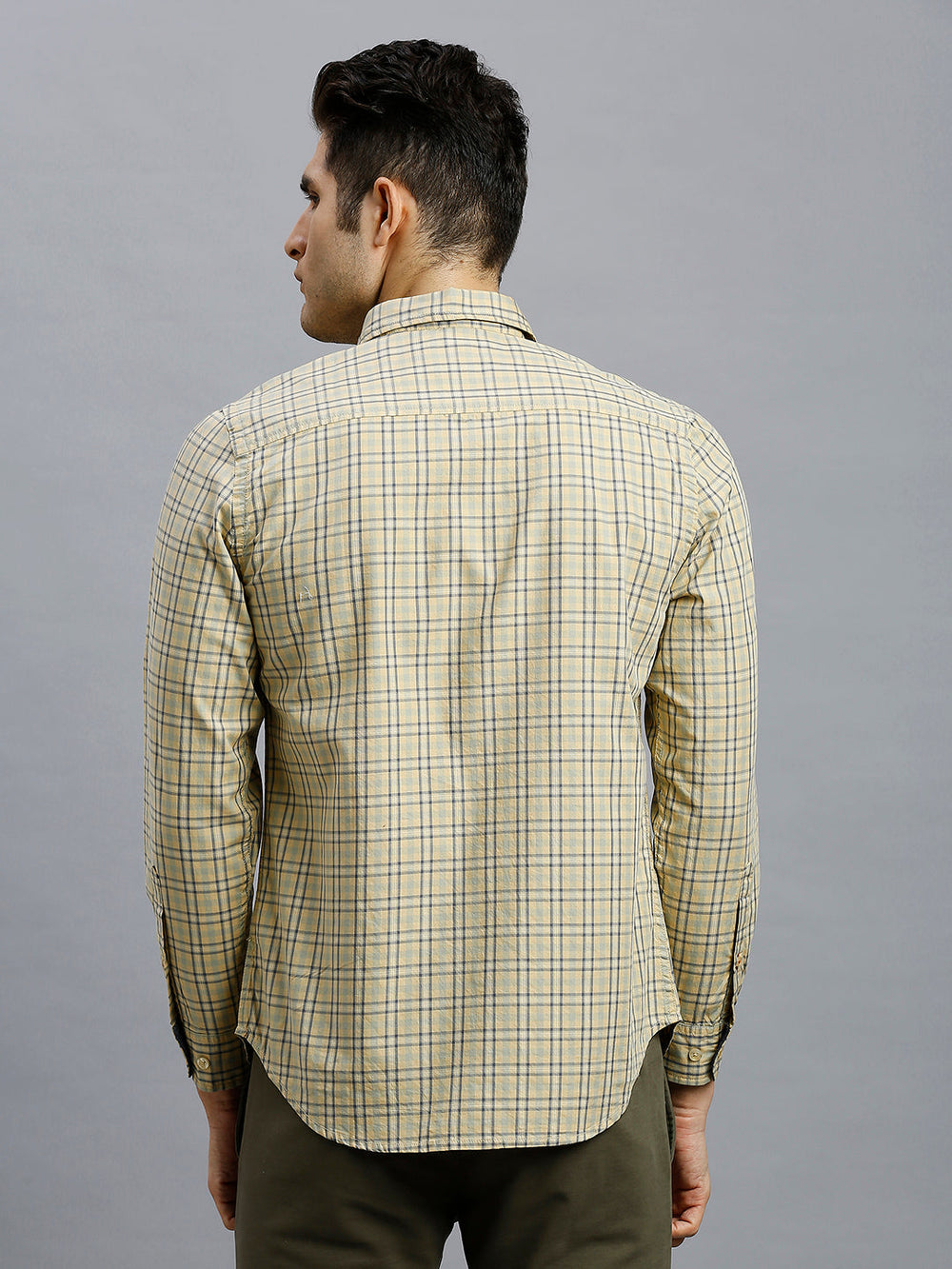 Pale Yellow & Blue Checks 100% Cotton Slim Fit Casual Full Sleeve Shir