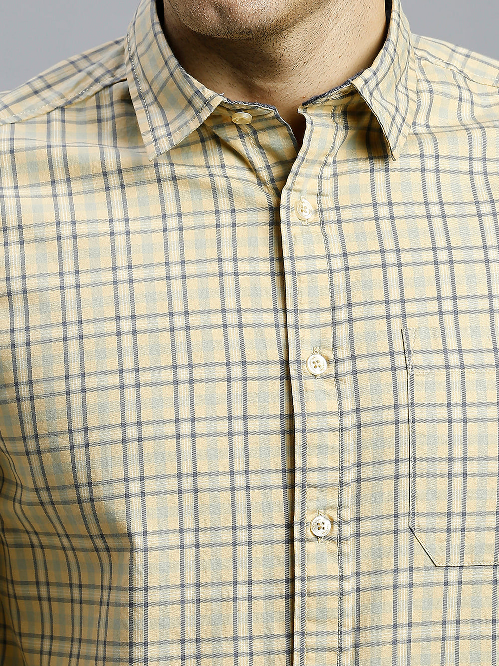 Pale Yellow & Blue Checks 100% Cotton Slim Fit Casual Full Sleeve Shir