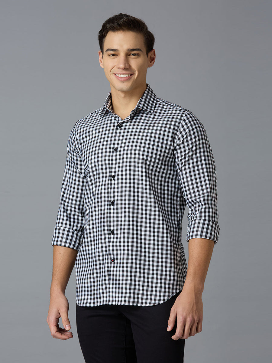Black 67% Cotton 28% Nylon 5% Spandex Checks Slim Fit Smart Casual Ful
