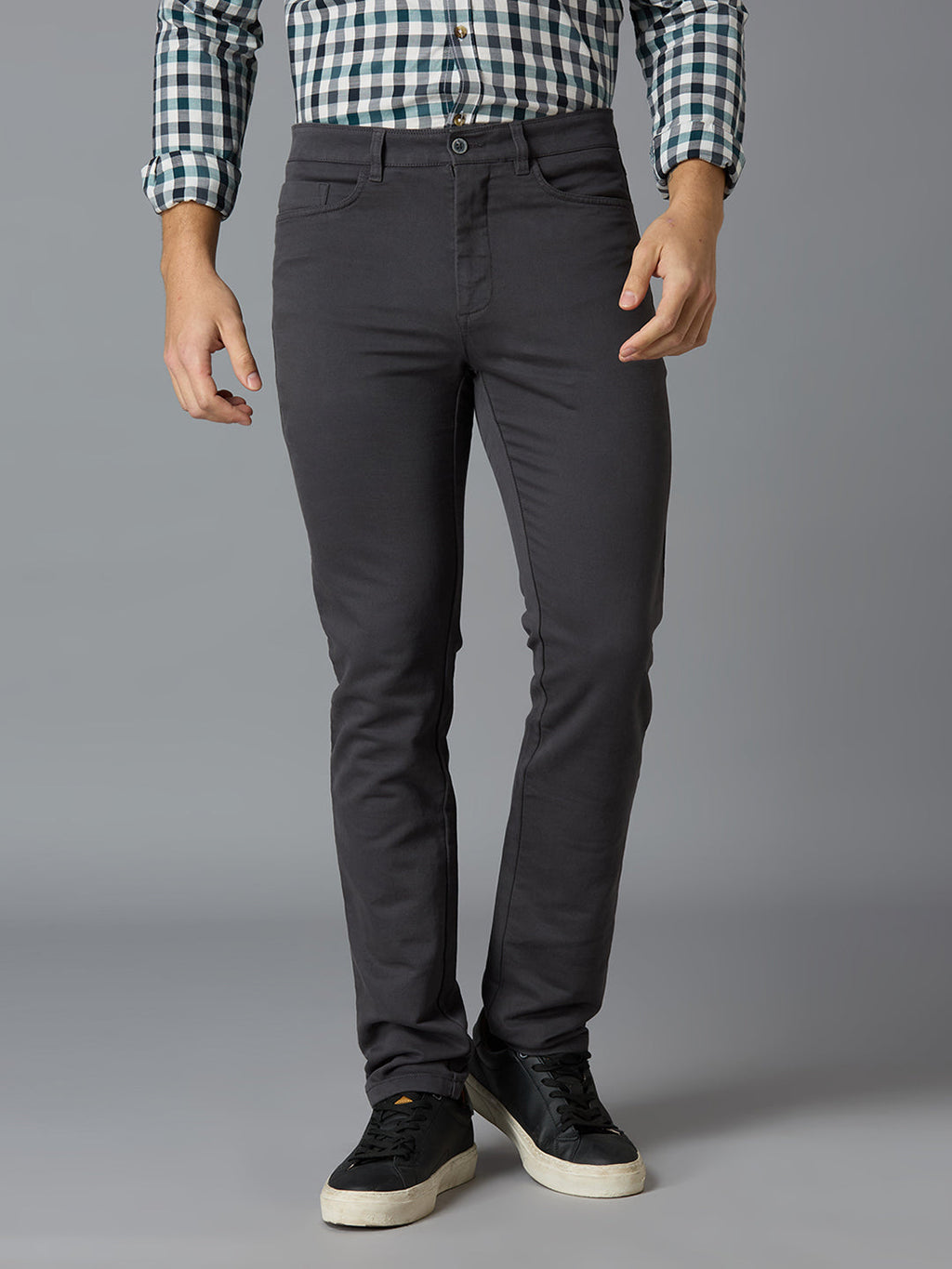 Grey 97% Cotton 3% Spandex Plain Tailor Fit Smart Casual 5 Pocket Trou